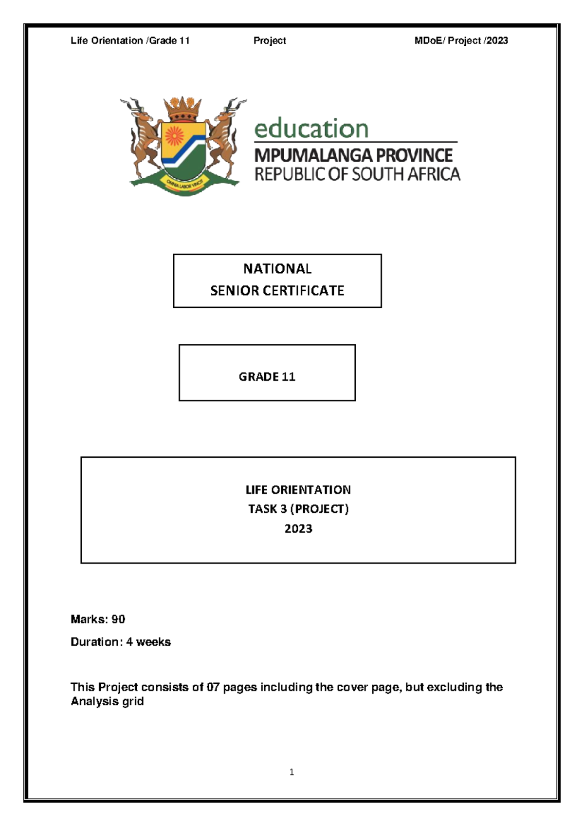 Grade 11 Life Orientation Project: Development of the Self in Society ...