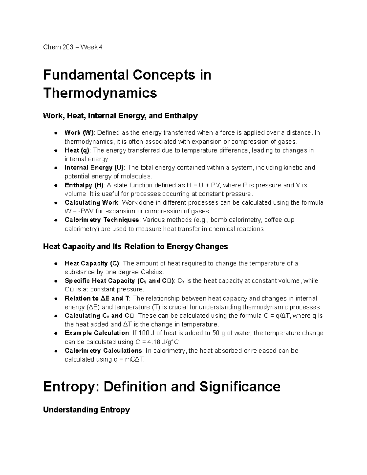 CHEM 203 Week 4 Lecture Notes: Thermodynamics Concepts and Calculations ...