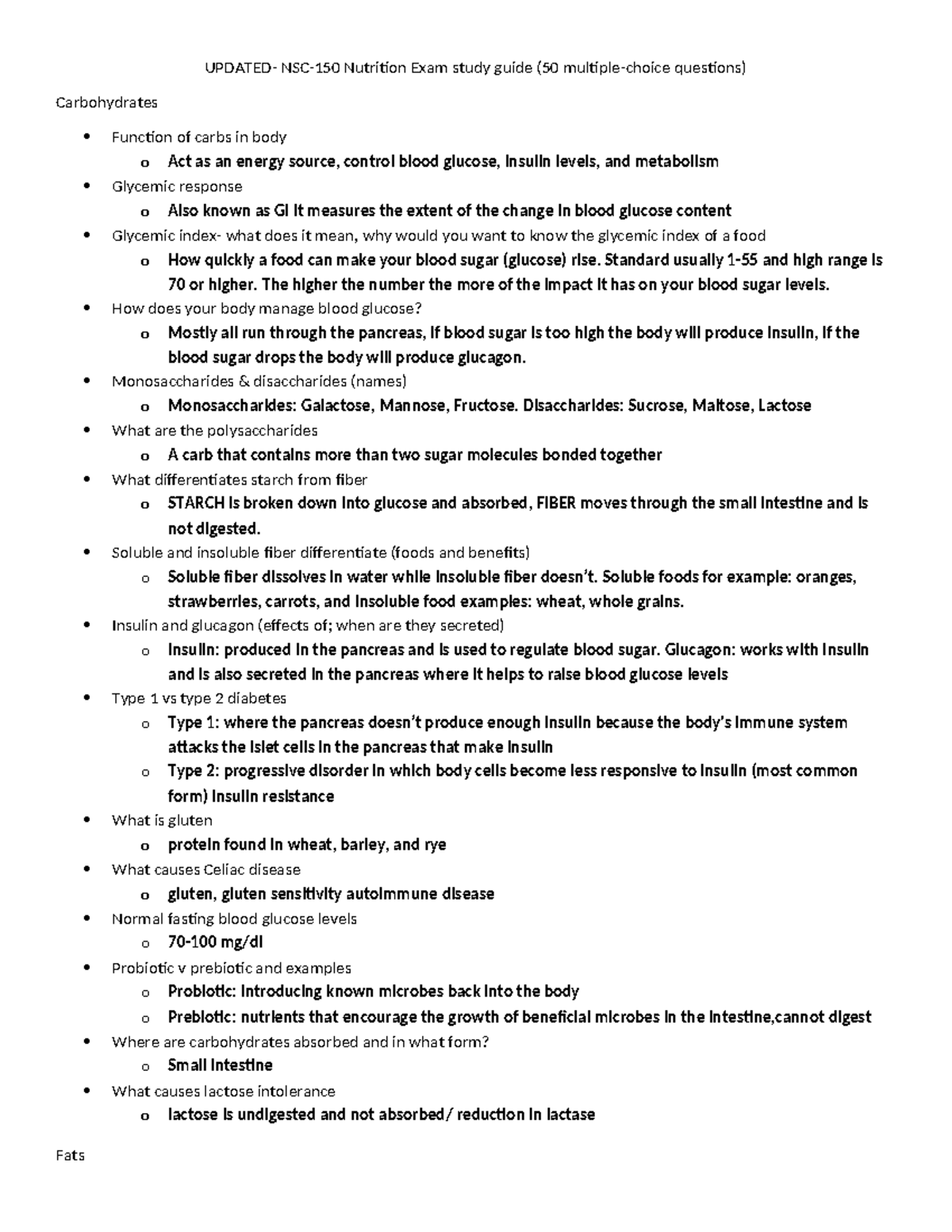 2023-Nutrition Exam Study Guide: Key Concepts on Carbs & Fats - Studocu