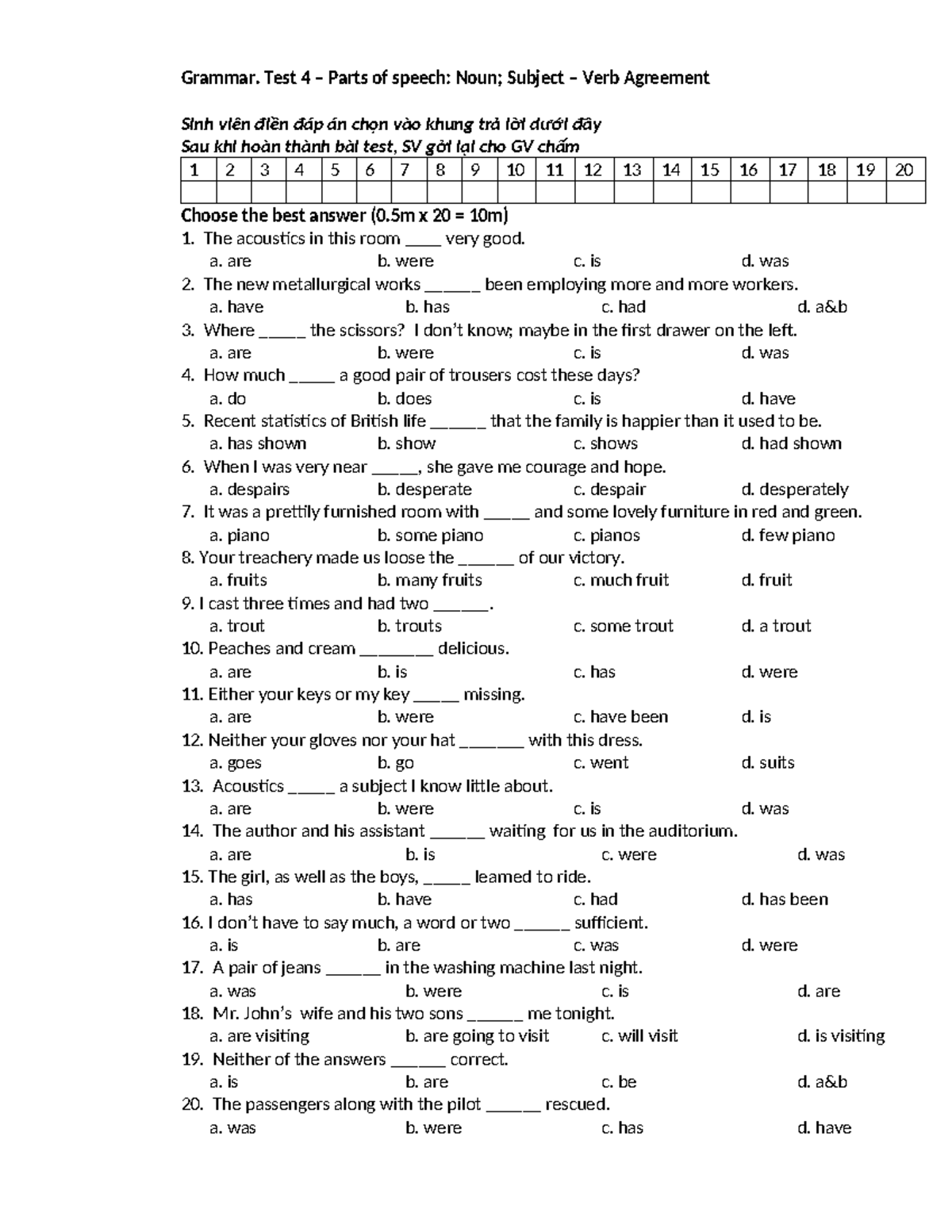 Grammar Test 4: Parts of Speech - Subject Verb Agreement - Studocu