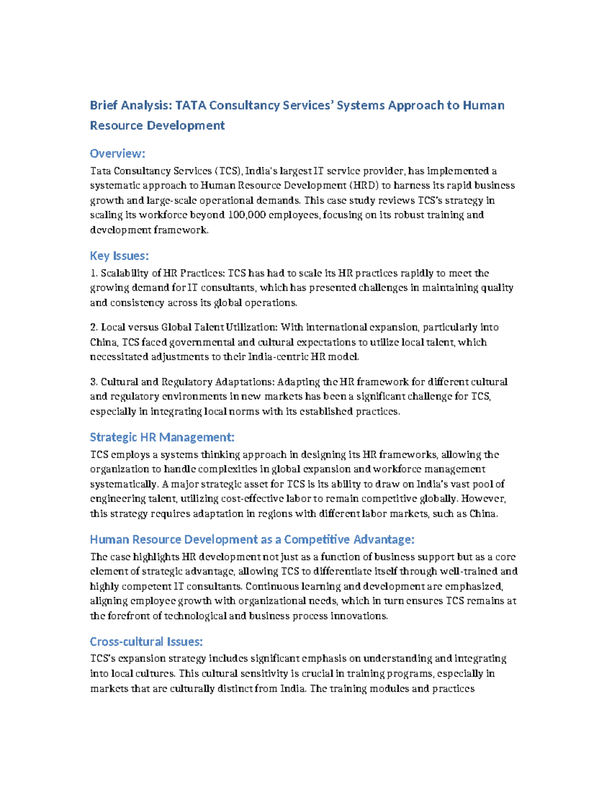 TCS HR Development Case Study: A Systems Approach to Growth - Studocu