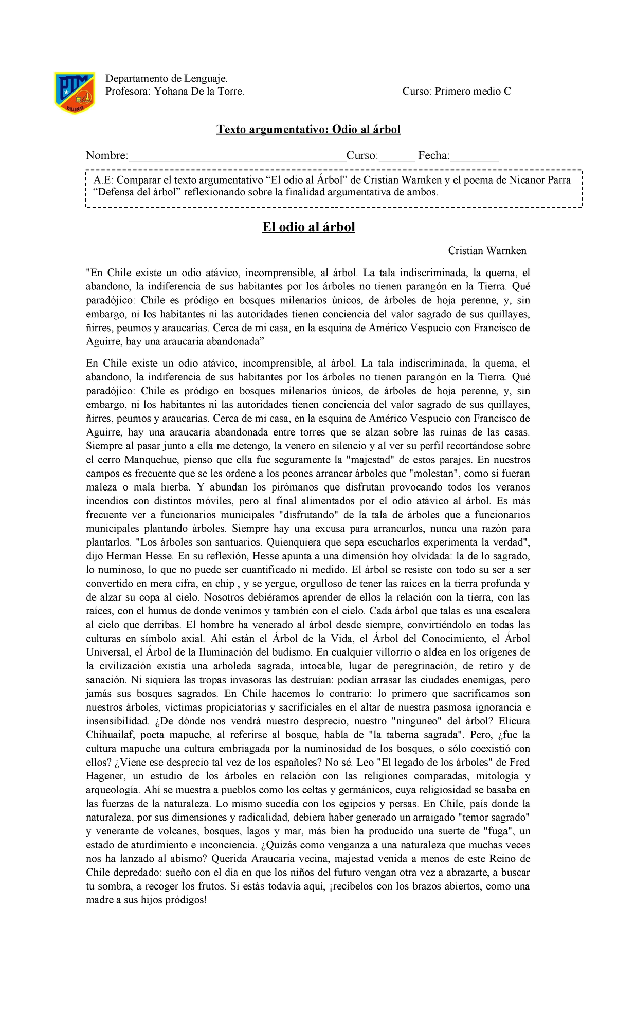 Guía de Trabajo: Comprensión Lectora - El Odio al Árbol (Primero Medio ...