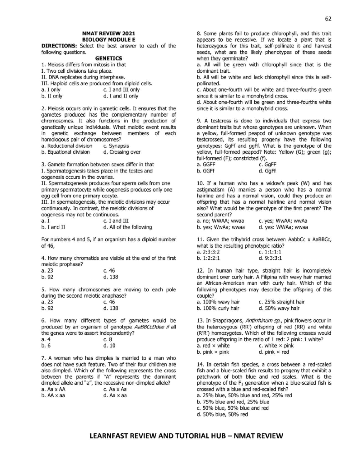 BIOLOGY MODULE E: NMAT REVIEW 2021 Study Guide - Studocu