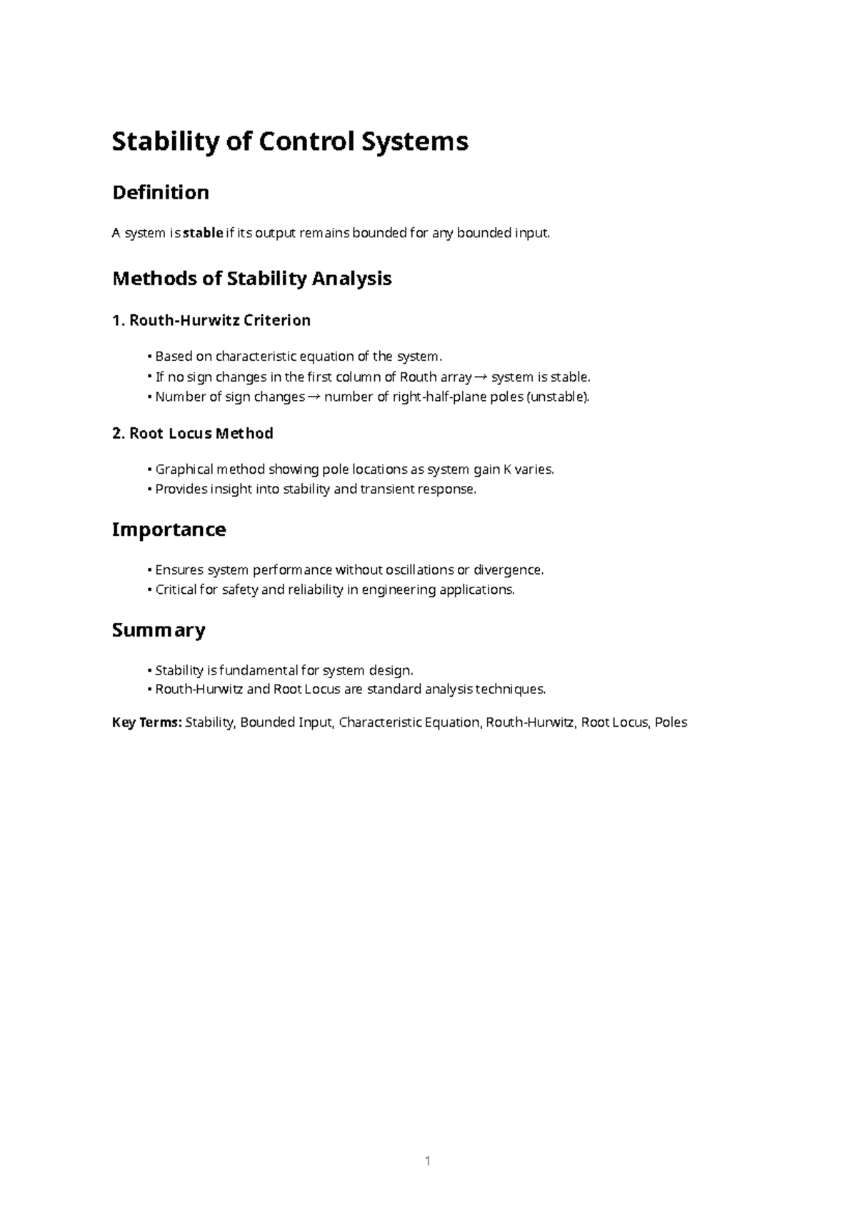 Stability of Control Systems: Key Concepts and Analysis Methods - Studocu