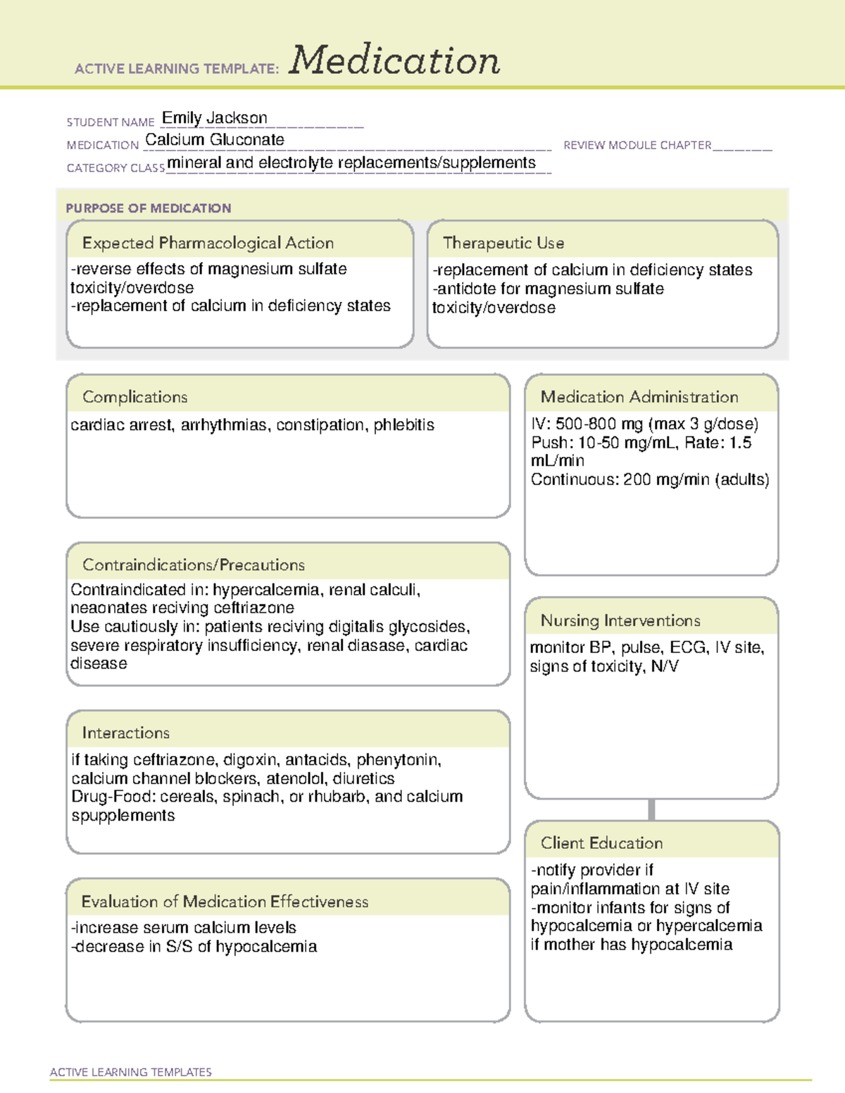 Calcium Gluconate - Active Learning Template for Nursing Review - Studocu