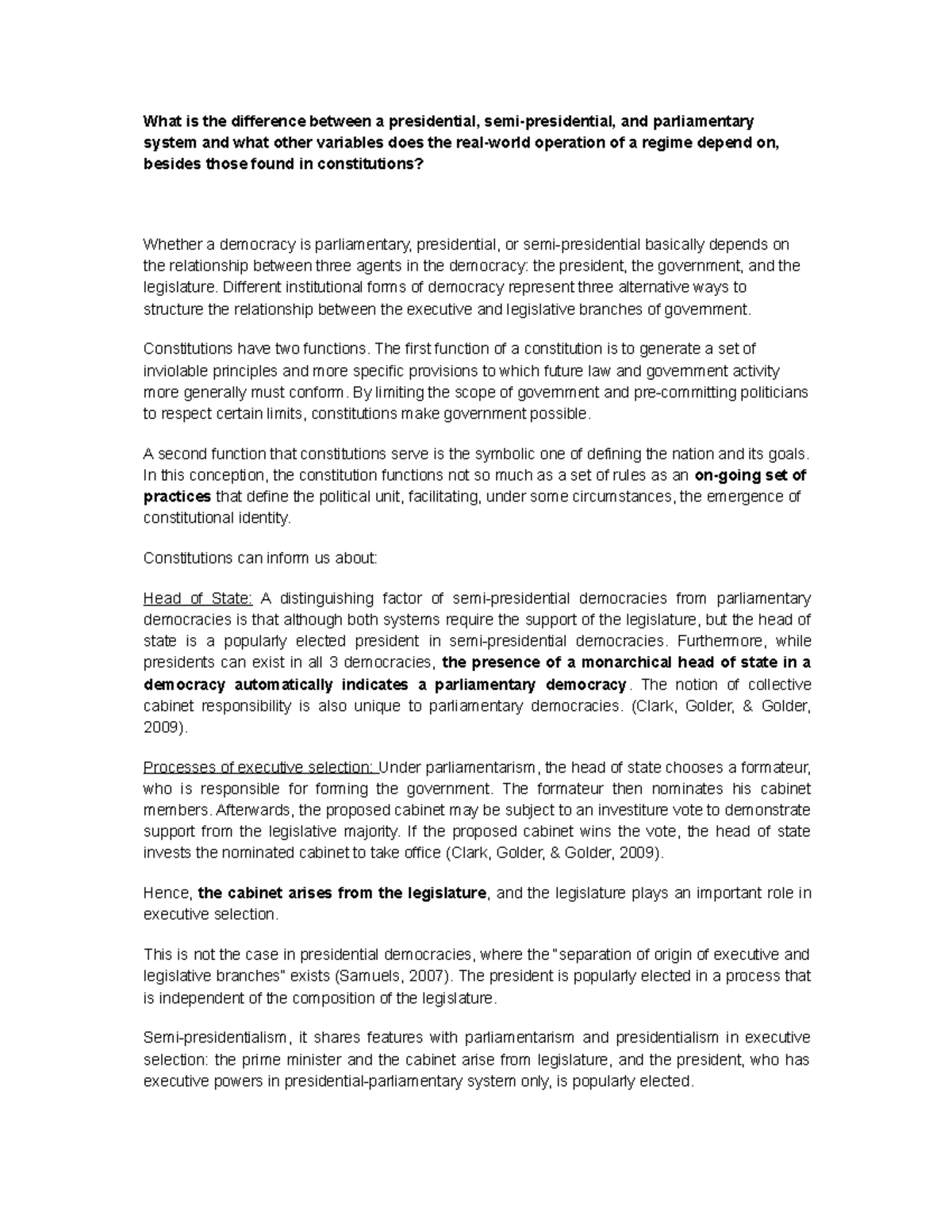 Comparative Govt. Essay - presidential, semi-presidential, and ...