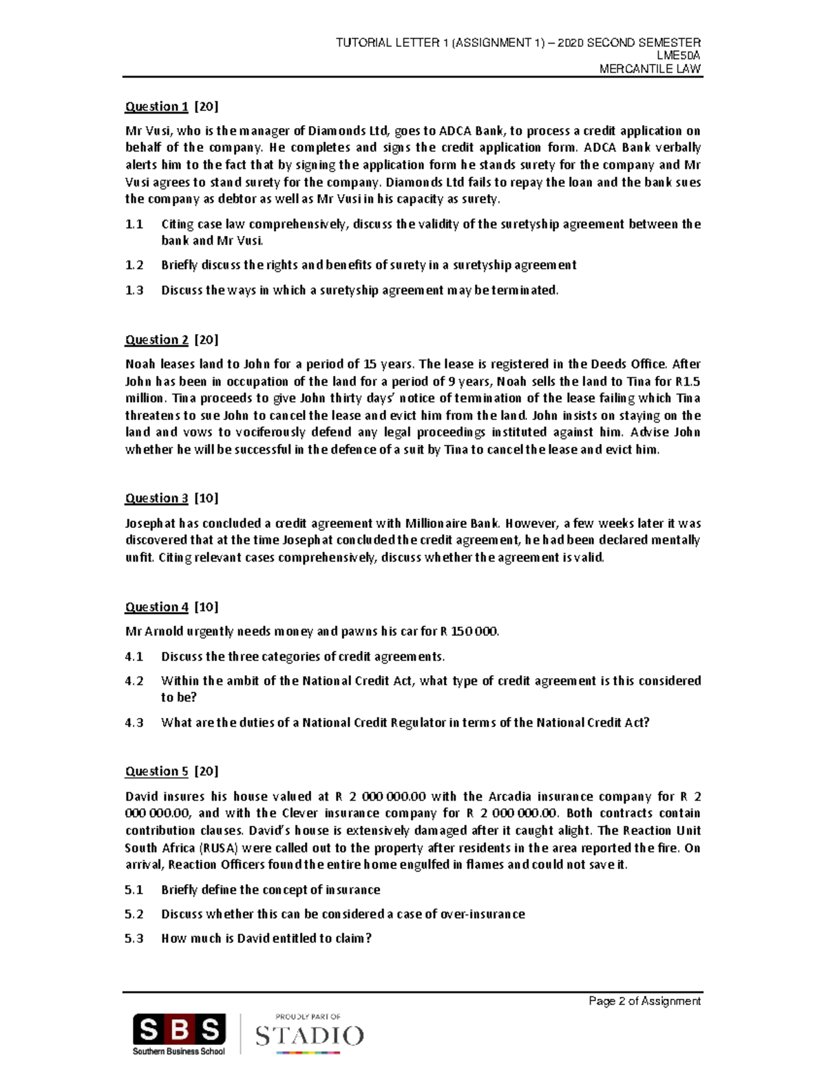 LME50A 2020 02: Assignment 1 - Mercantile Law Tutorial Questions - Studocu