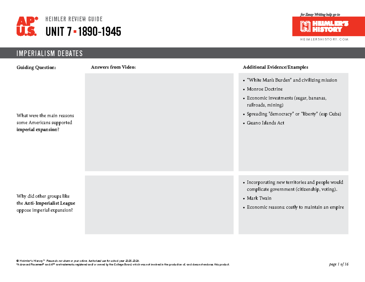 APUSH HRG Unit 7: Imperialism, Progressivism, and WWII Insights - Studocu