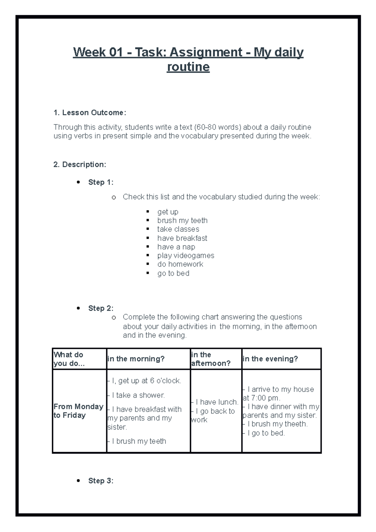 Week 01 Task Assignment My Daily Routine Lesson Outcome Through