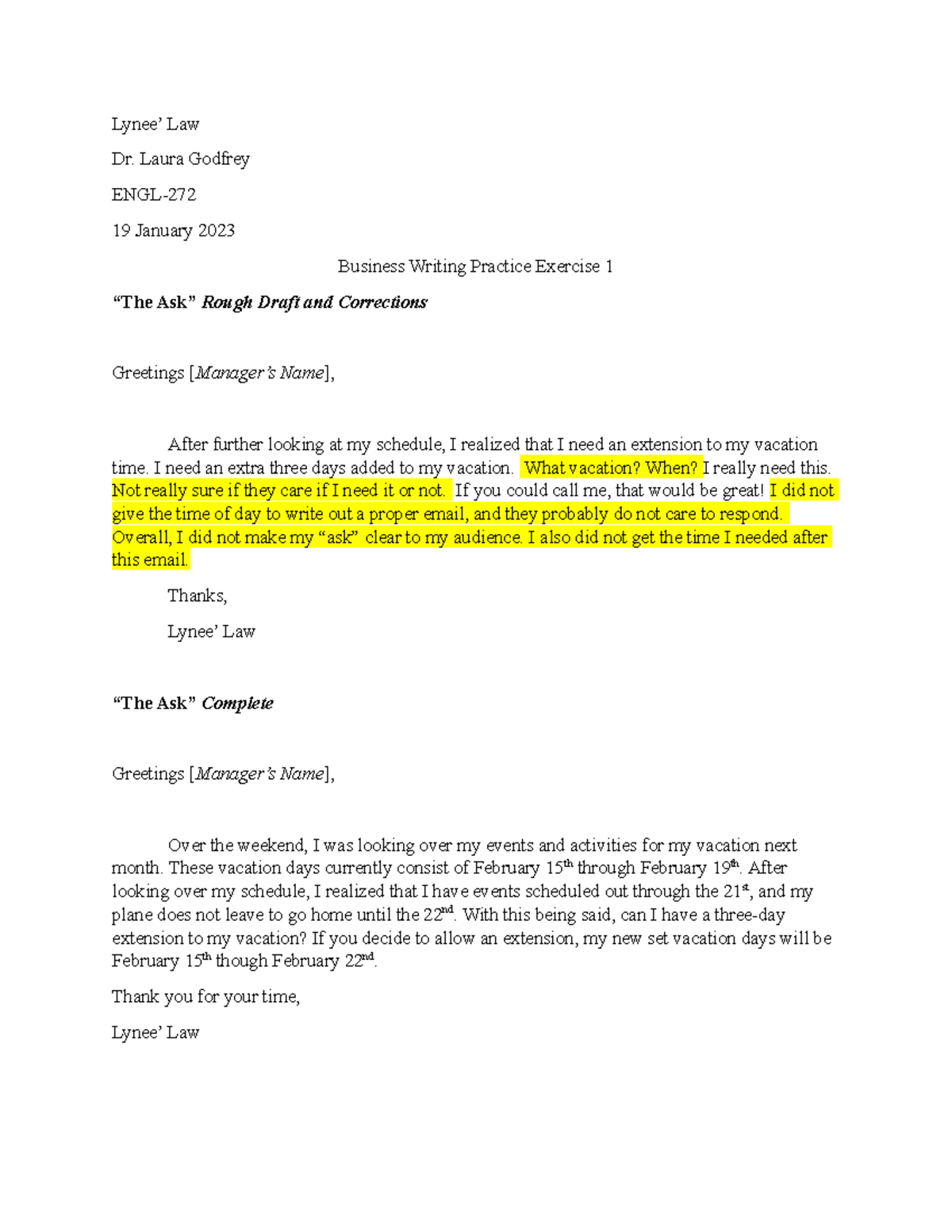 Business Writing Practice Exercise 1 - Lynee’ Law Dr. Laura Godfrey ...