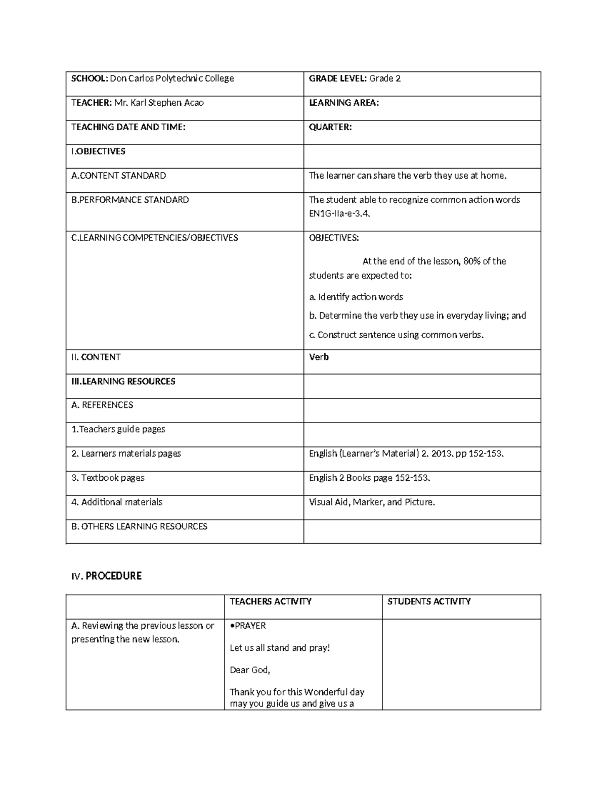 ENG LP - Grade 2 Lesson Plan on Action Verbs - Studocu