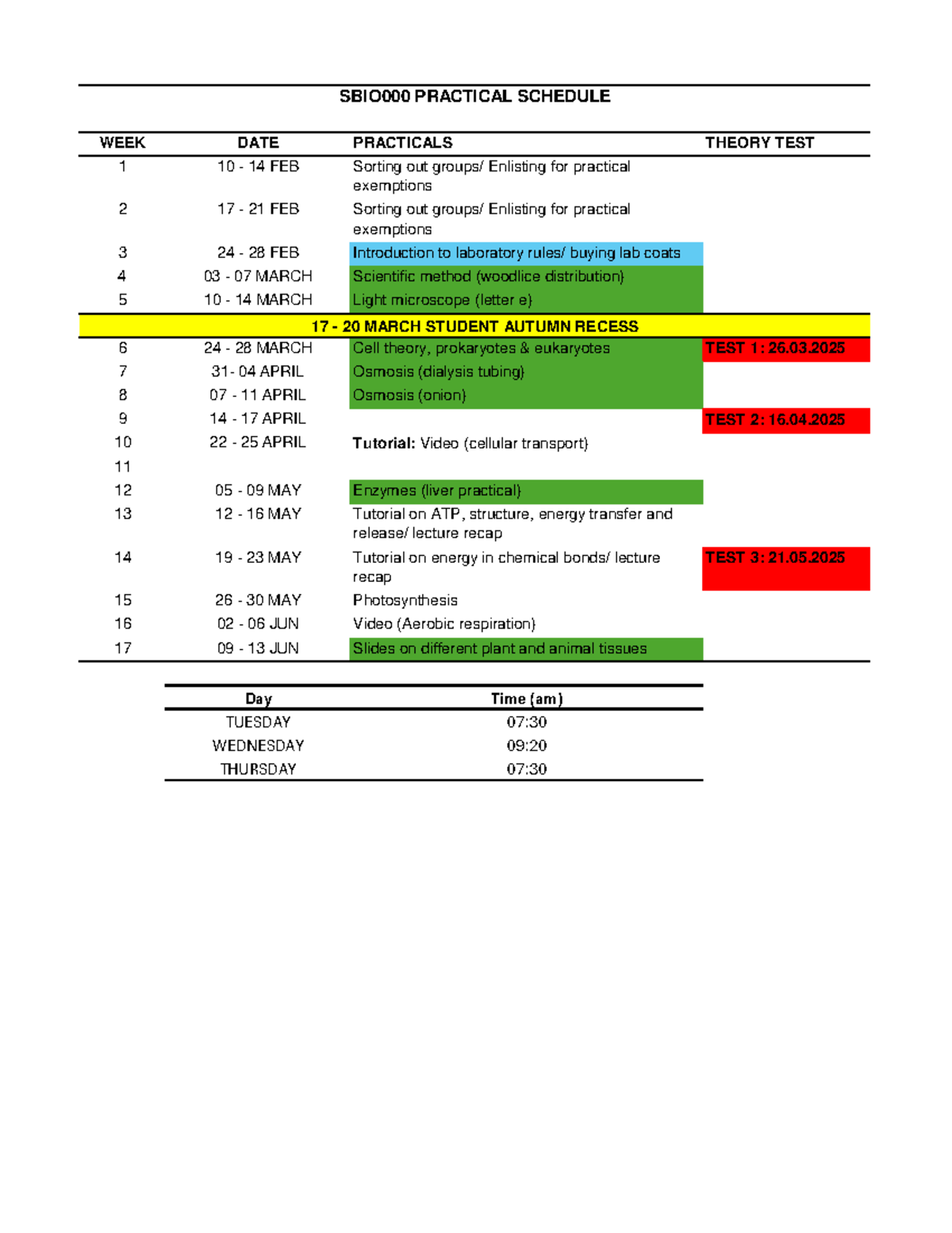 Practical Schedule - Notes - WEEK DATE PRACTICALS THEORY TEST 1 10 - 14 ...