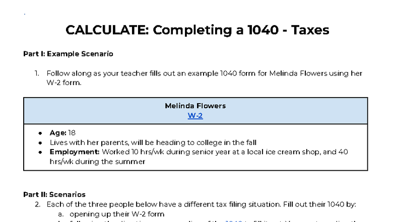 CALCULATE: Completing a 1040 Taxes Part I & II Scenarios - Studocu