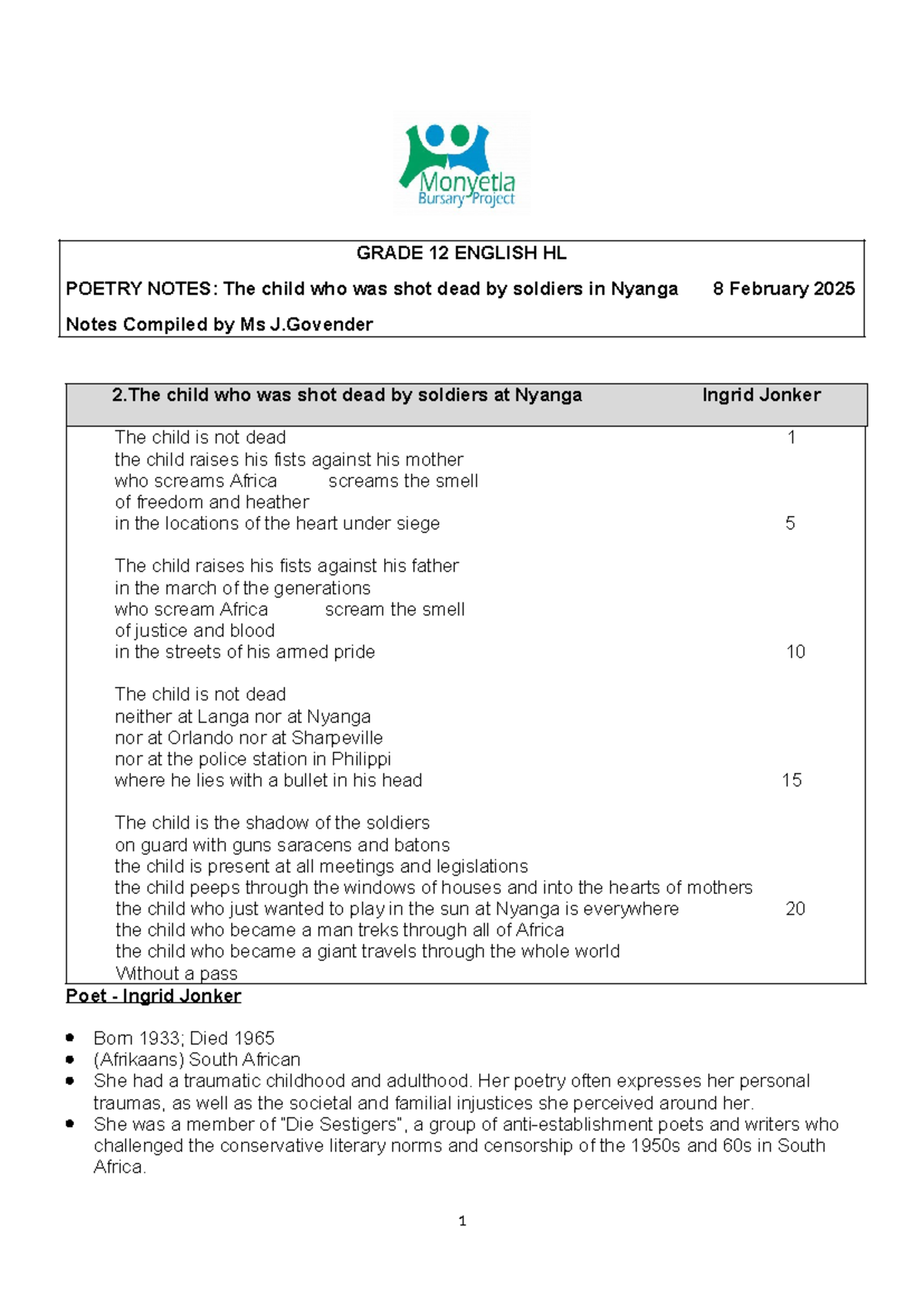 GRADE 12 ENGLISH HL: Poetry Analysis of "The Child Who Was Shot Dead ...