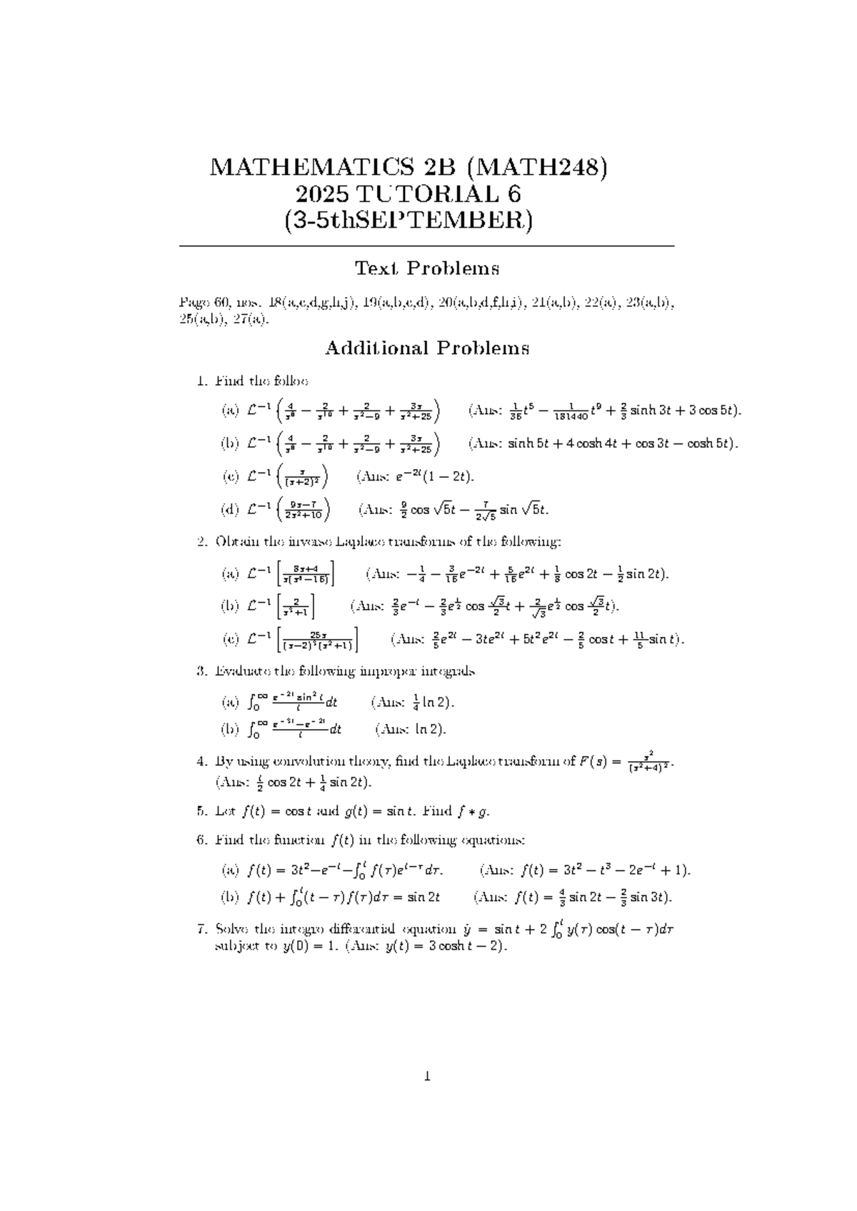 MATHEMATICS 2B (MATH248) 2025 TUTORIAL 6: Laplace Transform Problems ...