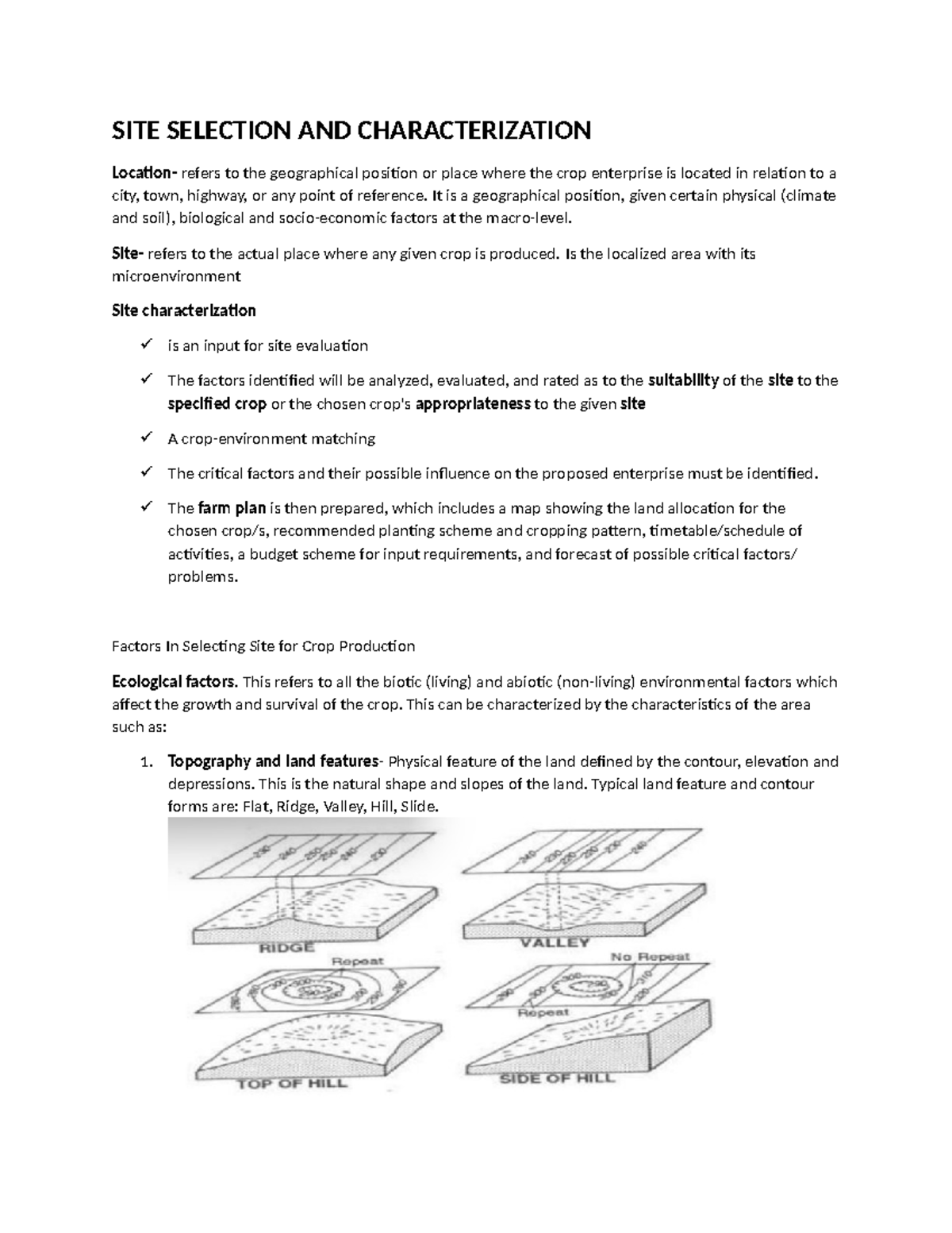Site Selection and Characterization for Crop Production: Topic 1 - Studocu