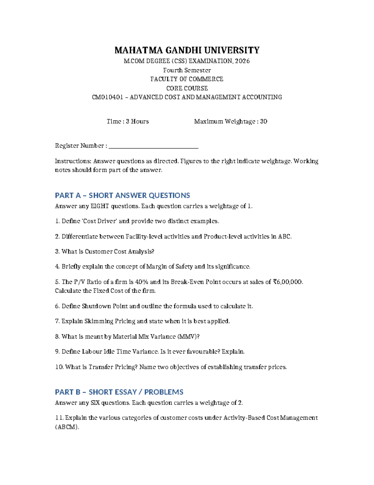 MGU MCom CM010401 Advanced Cost & Management Accounting Exam 2026 - Studocu