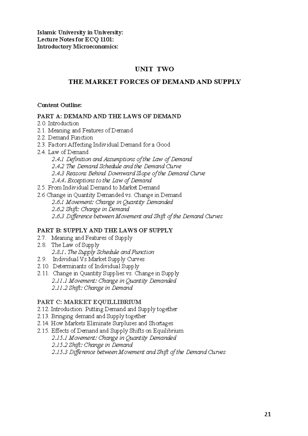 ECQ 1101 Lecture Notes: Unit 2 on Market Forces of Demand & Supply ...