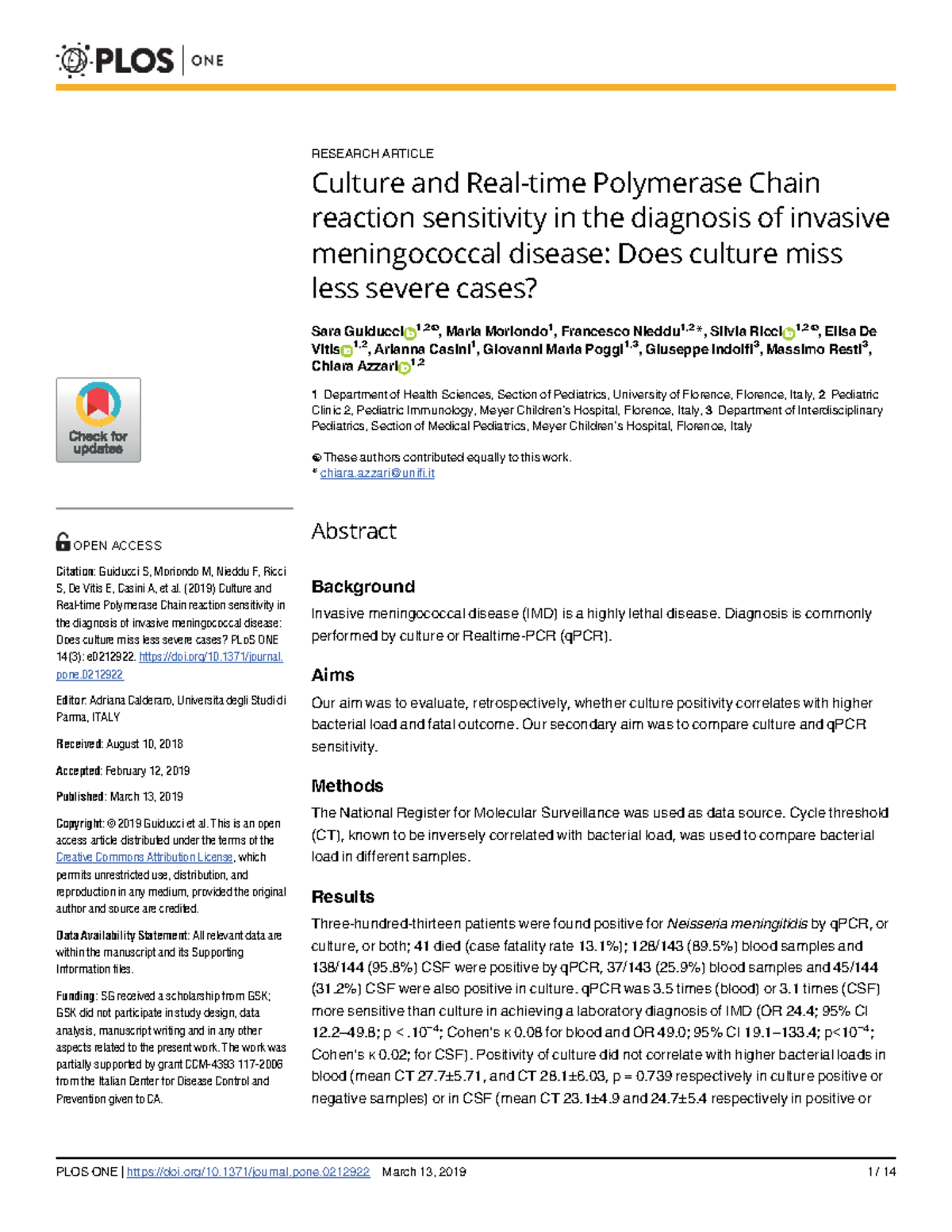 Culture and PCR Sensitivity in Invasive Meningococcal Disease Diagnosis ...