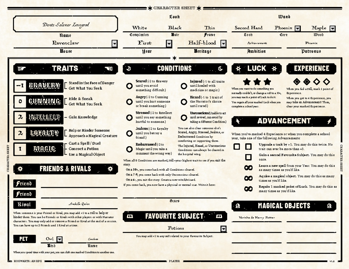 HOGWARTS RPG CHARACTER SHEET: DANTE SALAZAR (YEAR ARAME) - Studocu