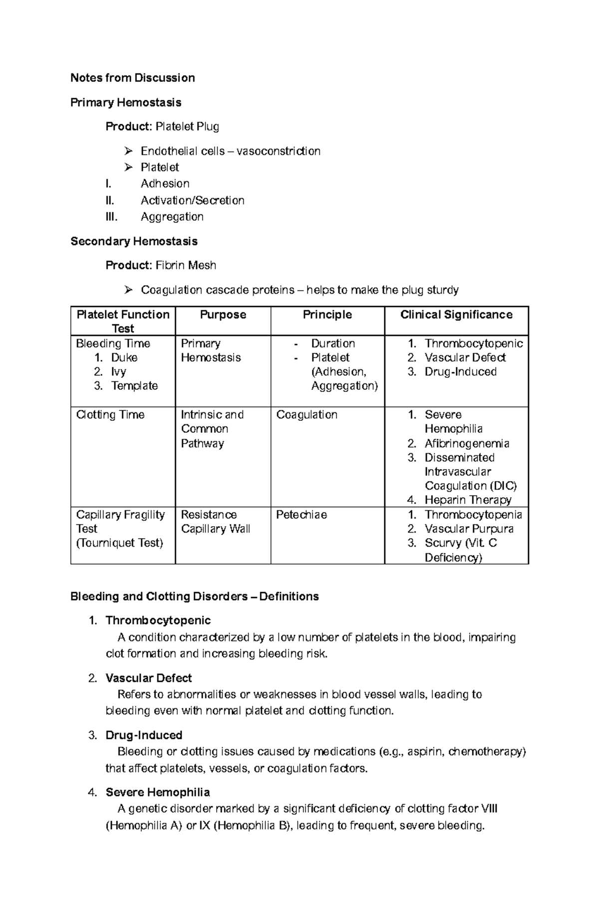 Notes for HEMA Lab: Primary & Secondary Hemostasis Overview - Studocu