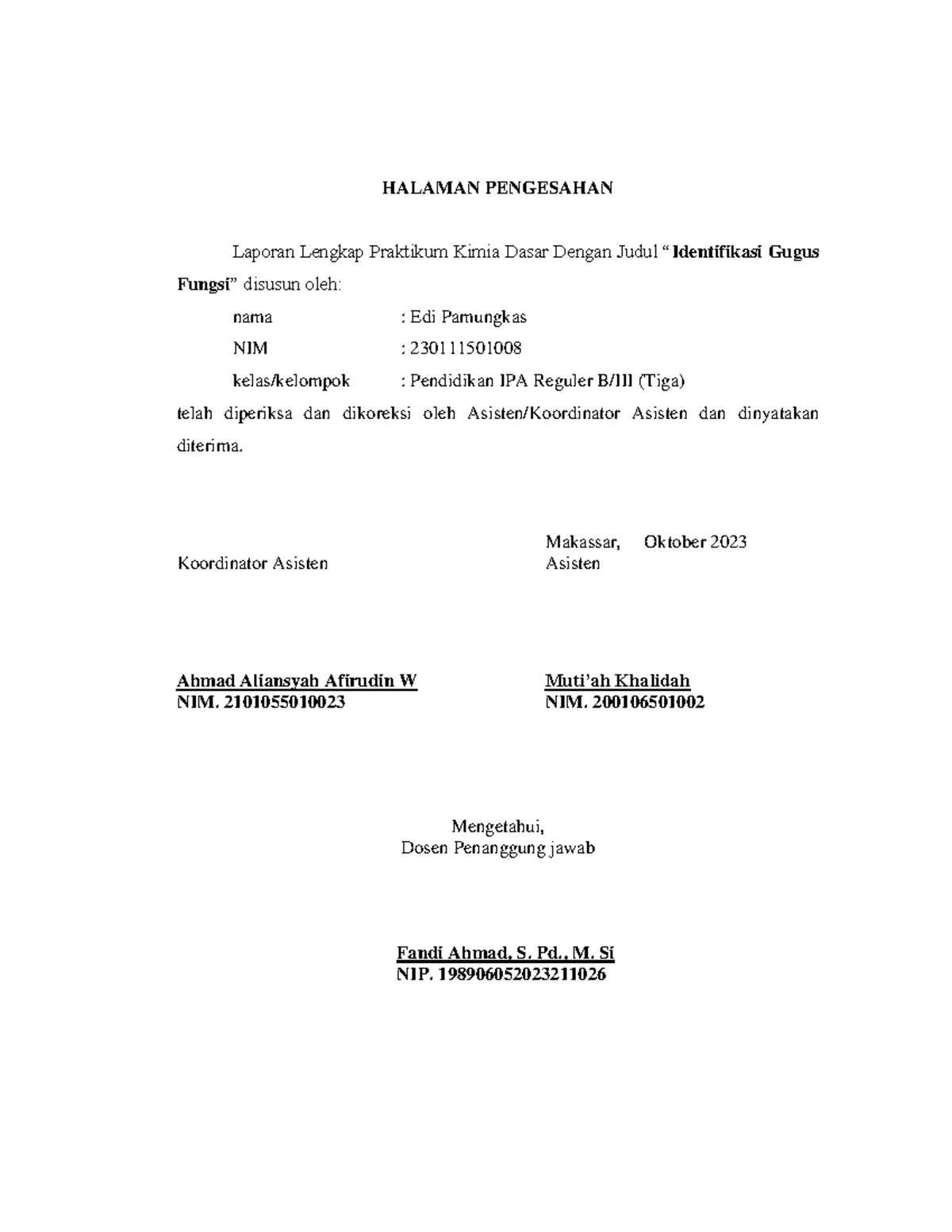 Laporan Praktikum Kimia Dasar: Identifikasi Gugus Fungsi (IGF Ediii-1 ...