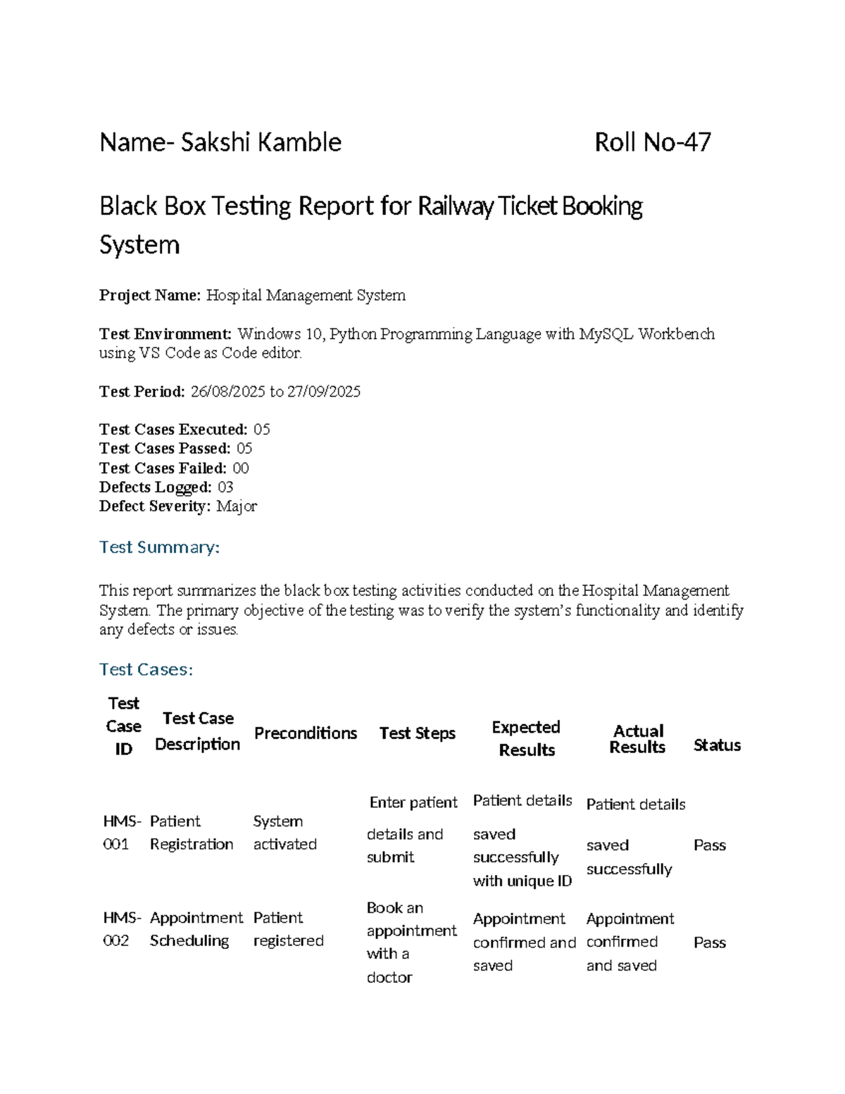 HMS 101 Black Box Testing Report for Hospital Management System - Studocu