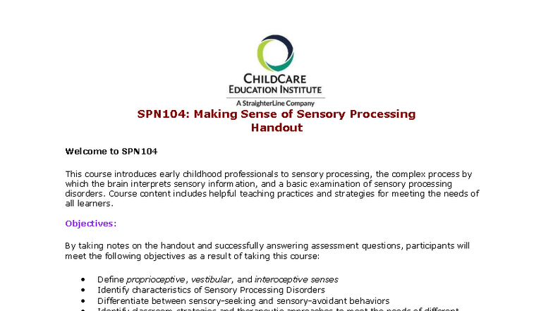 SPN104: Sensory Processing Strategies for Early Childhood Professionals ...