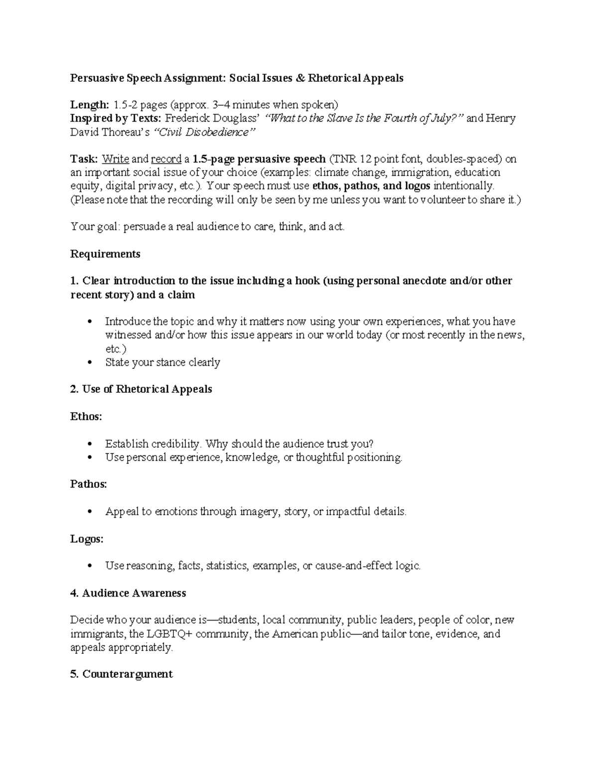 Persuasive Speech Assignment: Rhetorical Appeals on Social Issues - Studocu