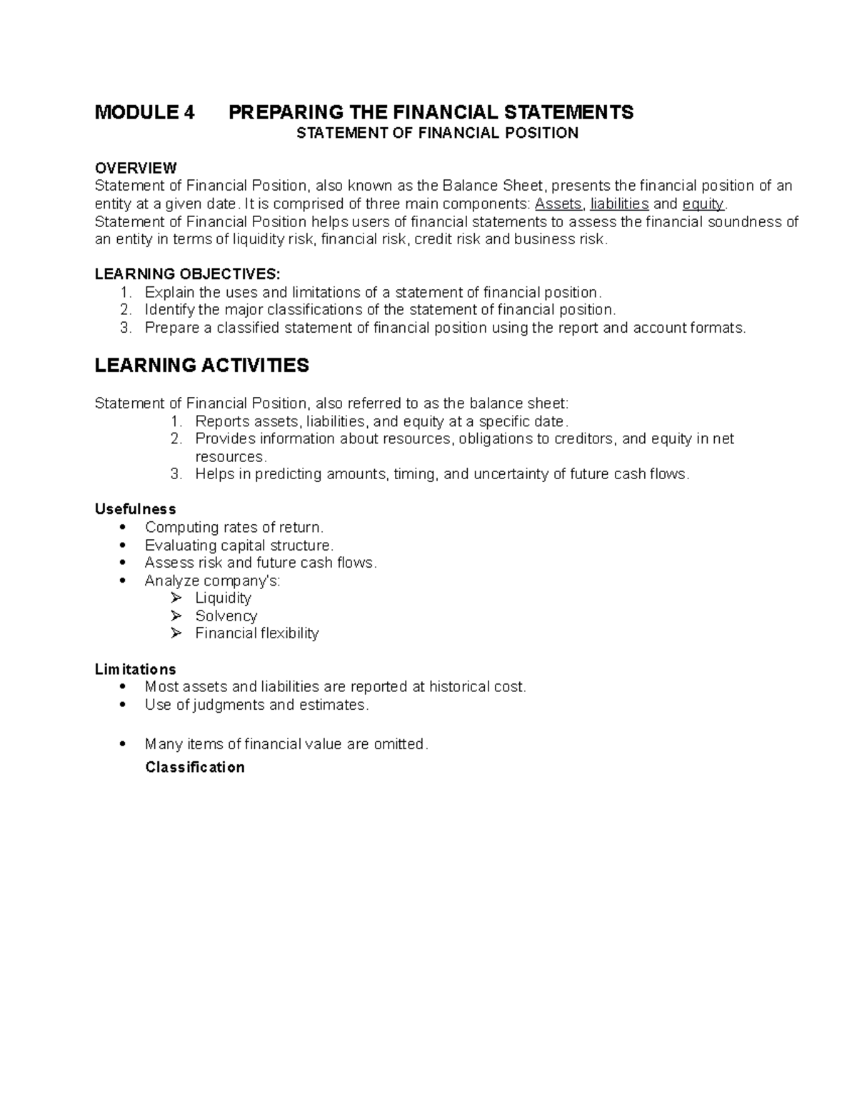Module 4: Statement of Financial Position Overview and Post-Test - Studocu