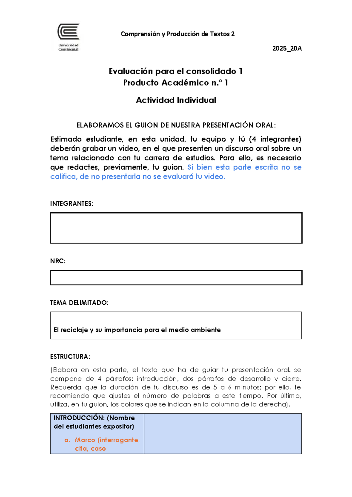 Guion para Presentación Oral: Reciclaje y Medio Ambiente - Comprensión ...