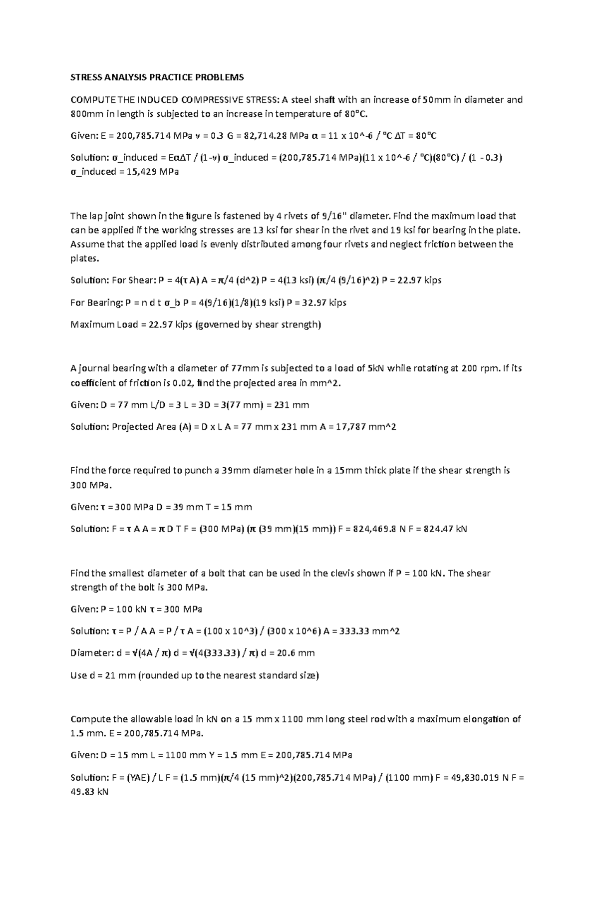 Stress Analysis Practice Problems: Calculations & Solutions - Studocu