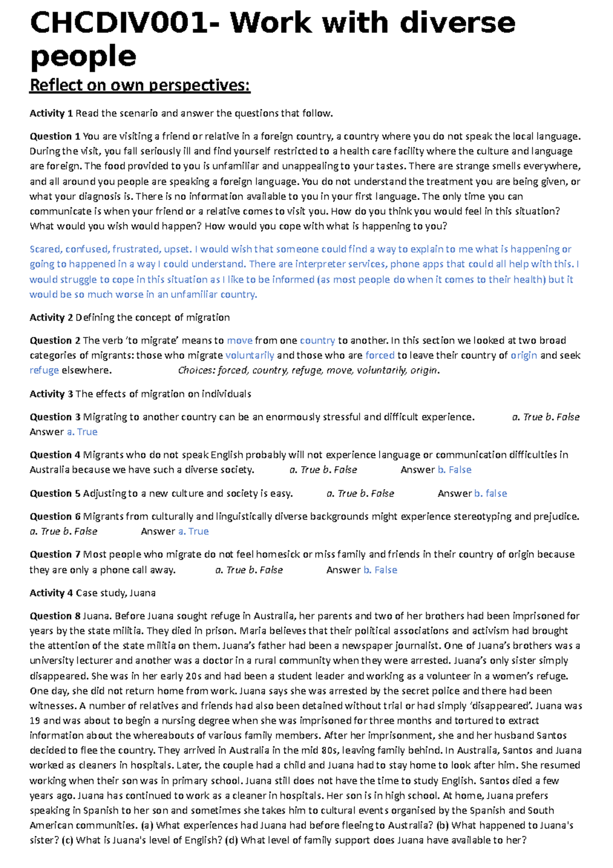 Chcdiv 001 - Activities, answered - CHCDIV001- Work with diverse people Reflect on own ...