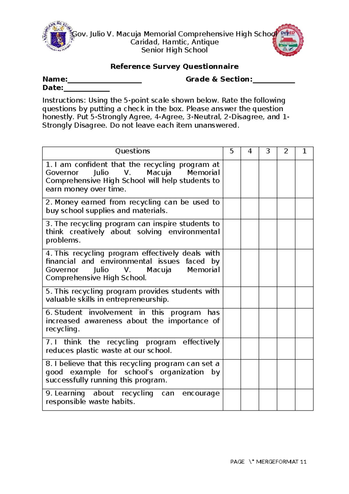 Survey Questionnaire: Evaluating Recycling Program at Gov. Julio V ...