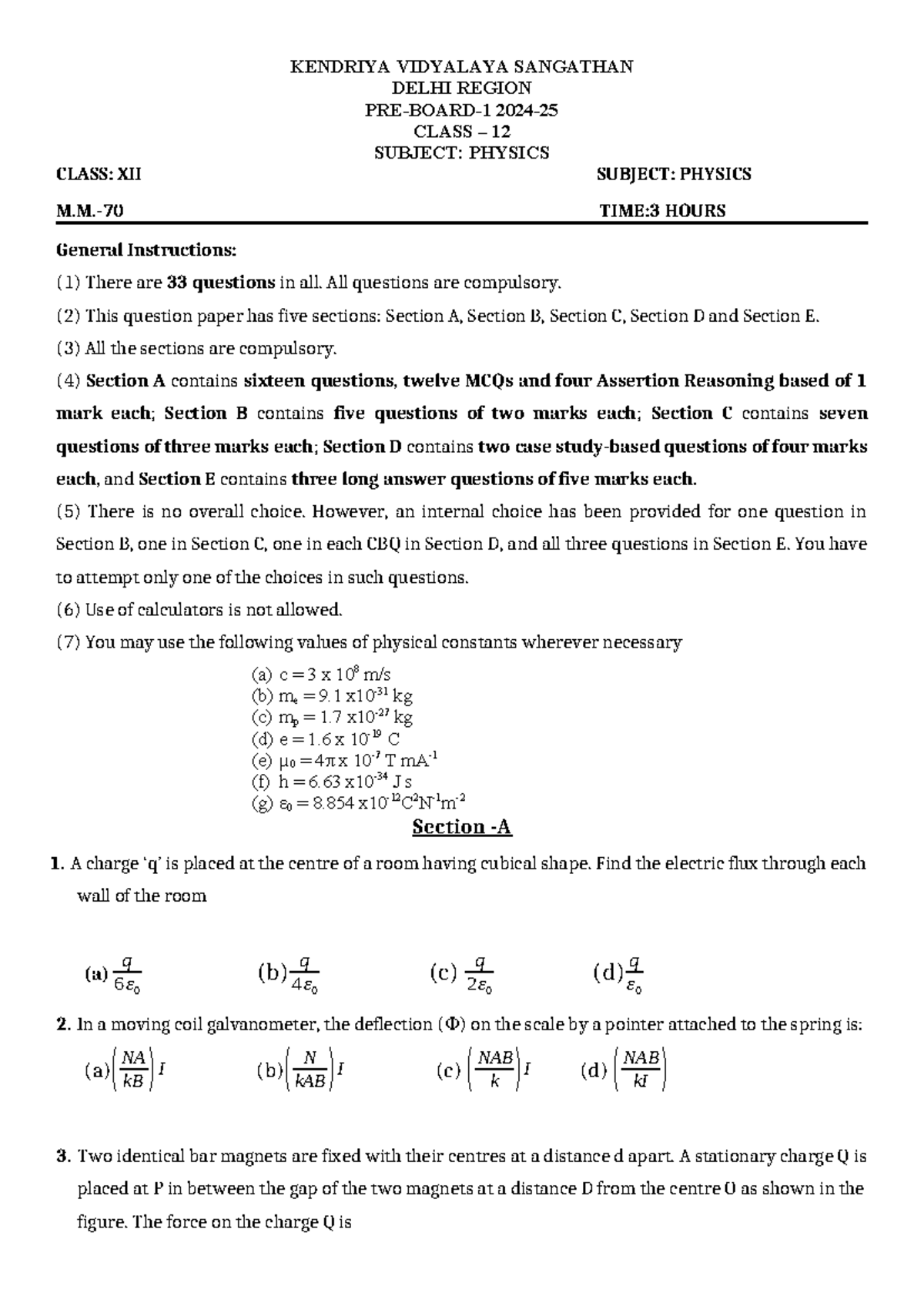 PB1 QP Physics XII Set 2: Comprehensive Question Paper for Class 12 - Studocu