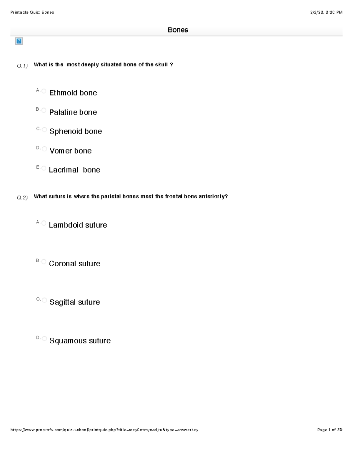 Printable Quiz: Bones 4 - Q) What is the most deeply situated bone of ...