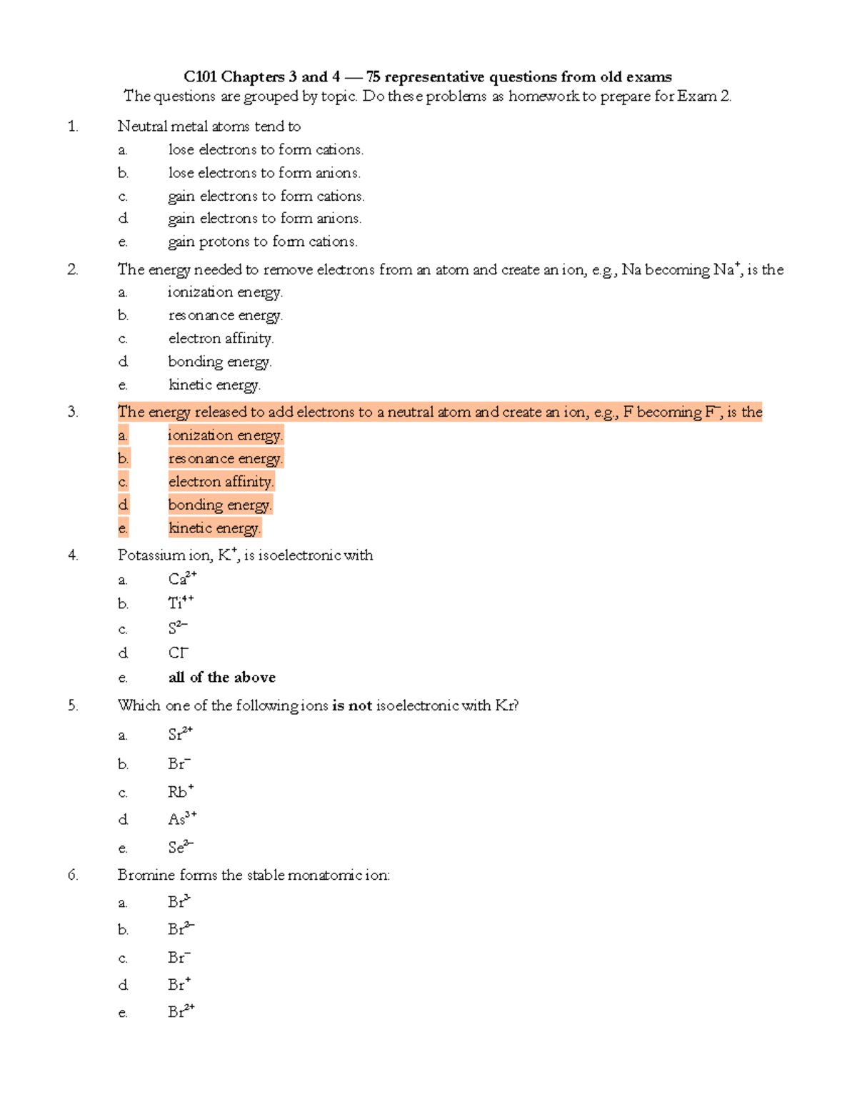 C101 Practice Questions for Exam 2: Chapters 3 & 4 - Studocu