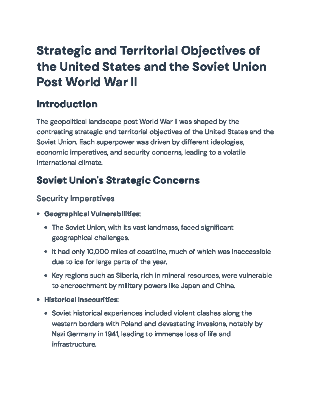 Strategic and Territorial Objectives of the US & USSR Post WWII ...