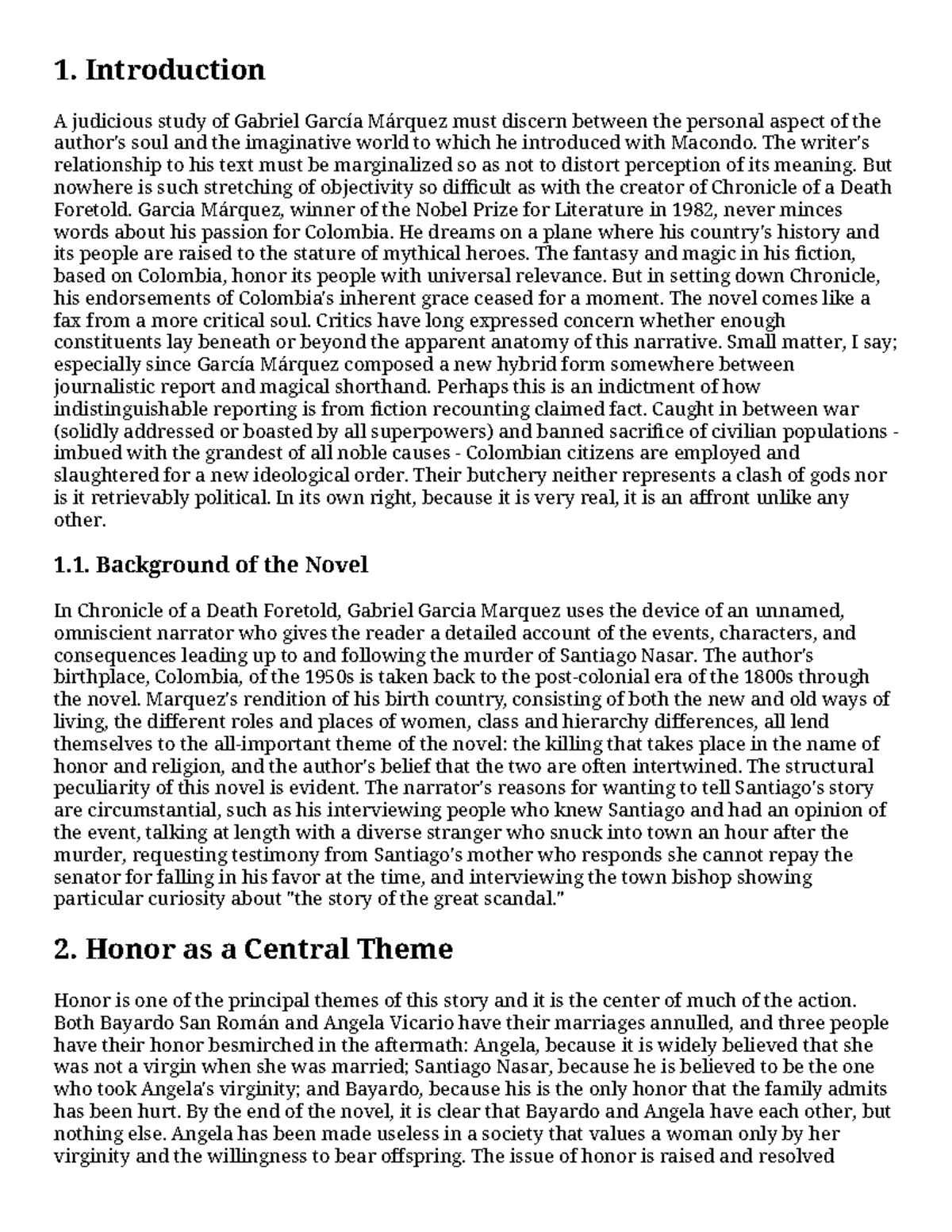 Chronicle of a Death Foretold: Themes of Honor & Religion Essay - Studocu