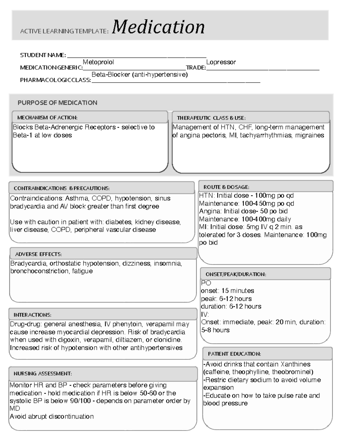 Metoprolol (Lopressor) Medication Card - Nursing Guide - Studocu