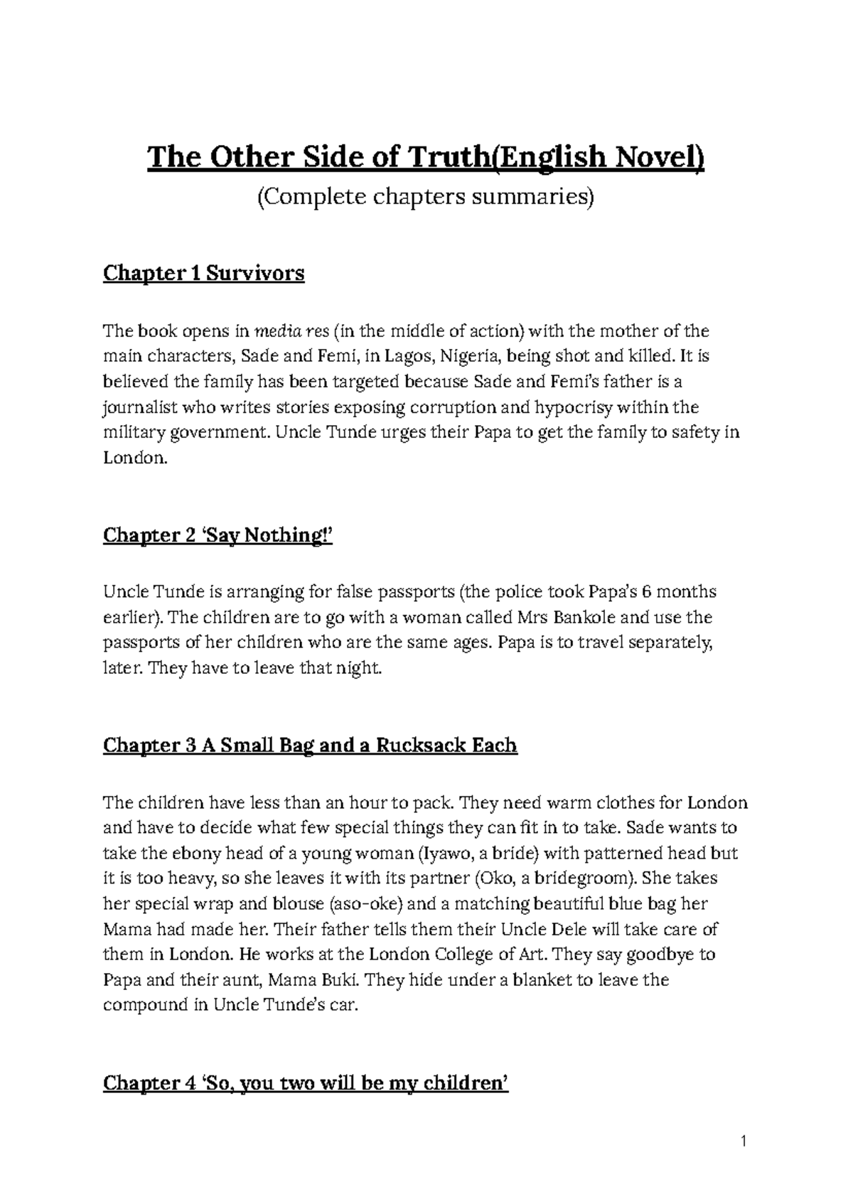 Complete Chapter Summaries of "The Other Side of Truth" (ENG 101) - Studocu