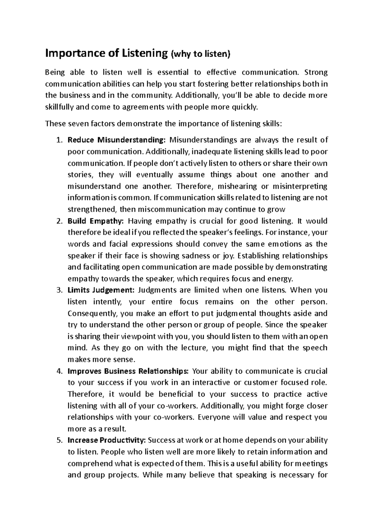 Importance of Listening: Key Notes on Effective Communication - Studocu