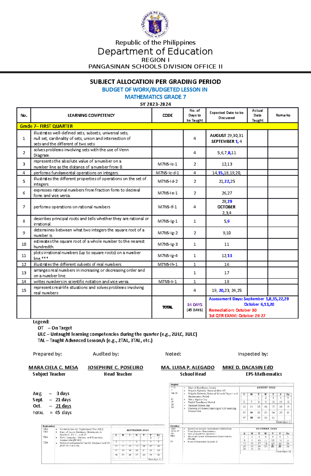 BOW Budgeted Lesson Plan for G7 Math SY 2023-2024 1st Qtr - Studocu