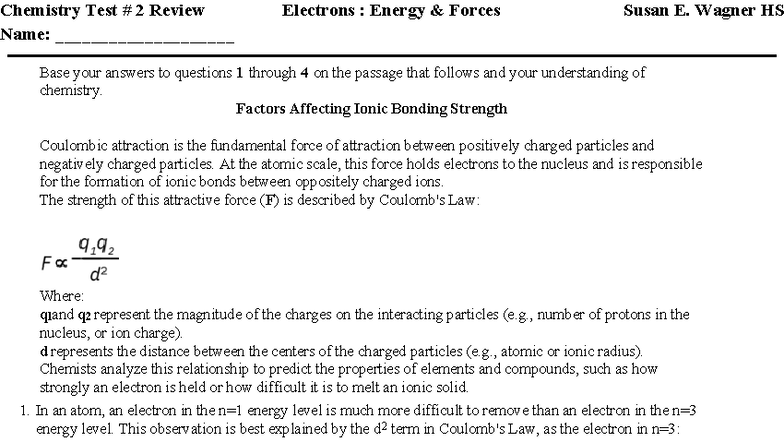 Chemistry Test #2 Review: Electrons, Energy & Forces (Chemistry 101 ...