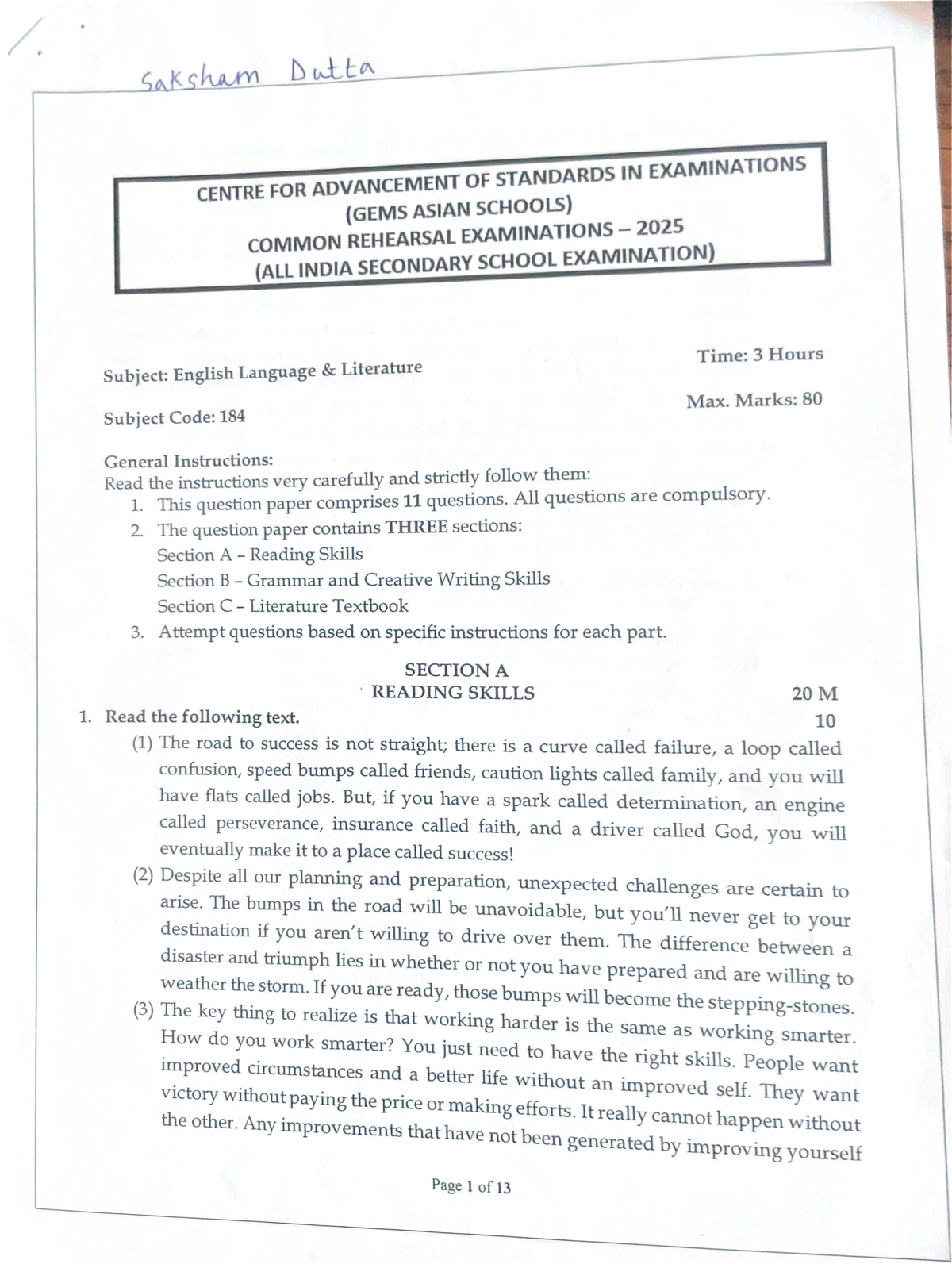 English Language Literature Common Rehearsal Exam 2025 (Subject Code ...