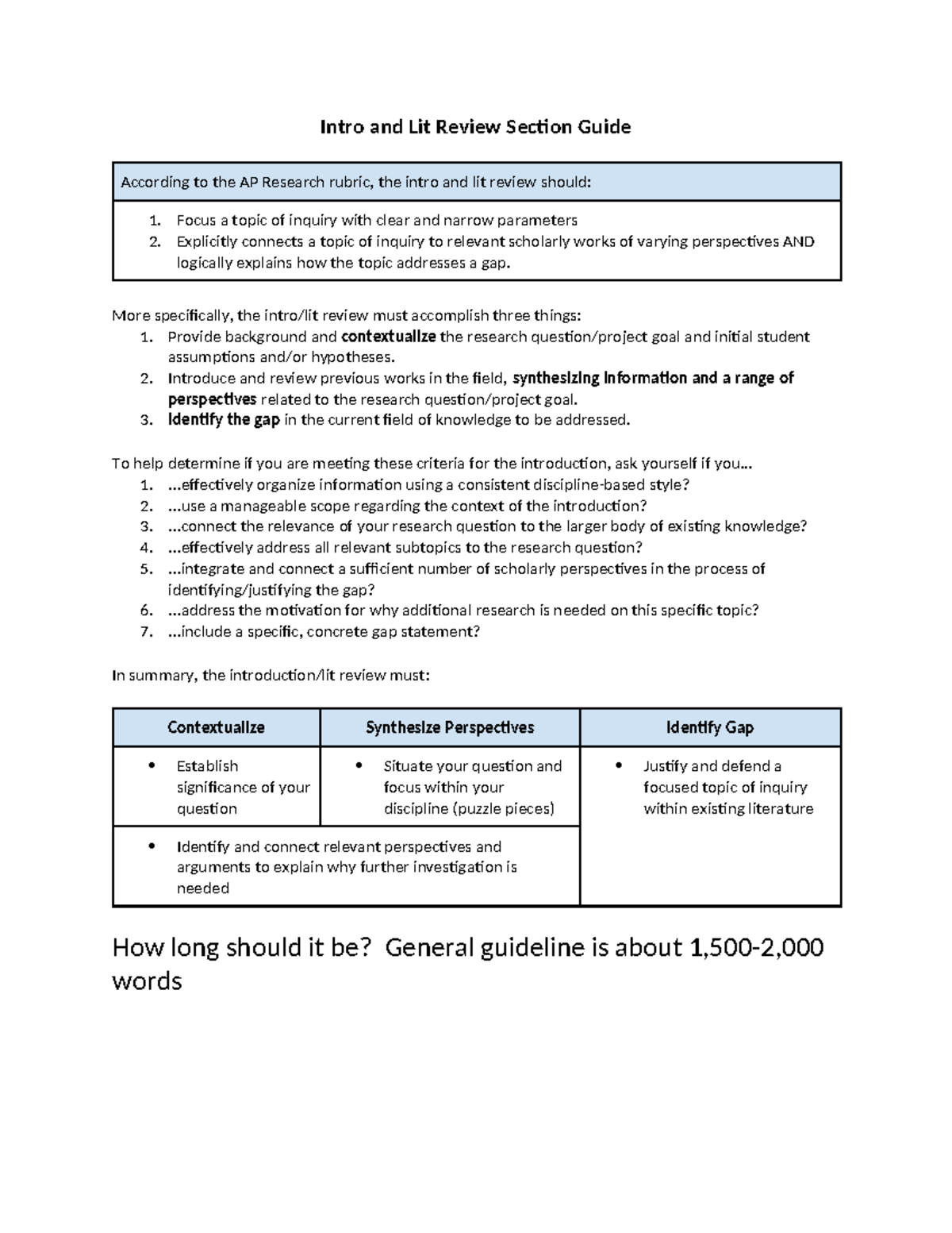 AP Research: Intro & Lit Review Section Guide - Studocu