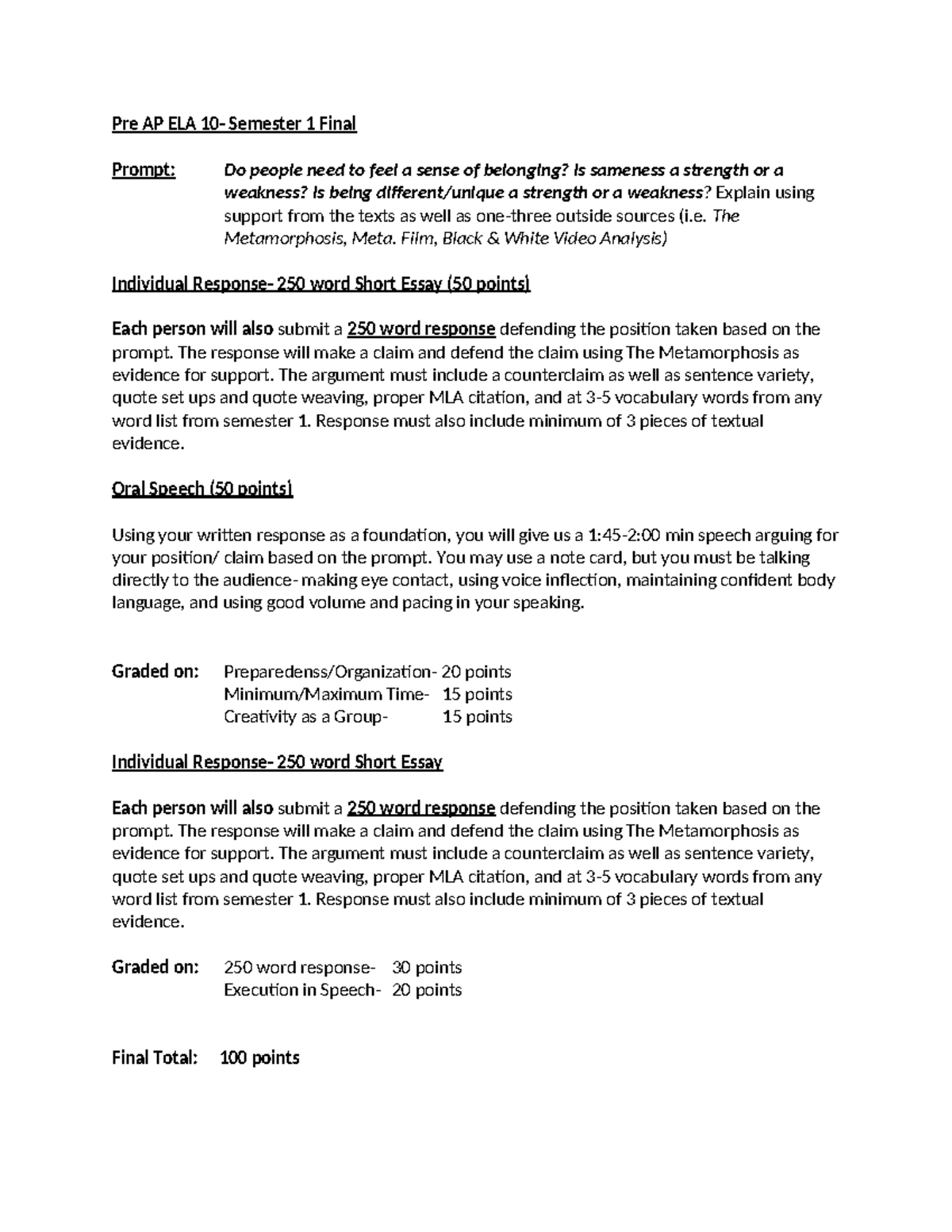 Pre AP ELA 1st Sem Final Essay & Speech: Belonging & Sameness - Studocu