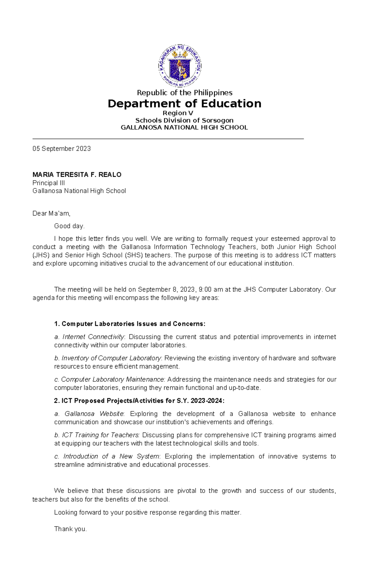 Request Letter for Meeting on ICT Matters - 5 Sept 2023 - Studocu