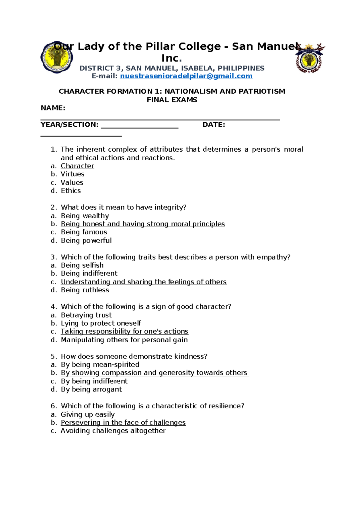 Final Exam Answer Key for CFLM 1: Character Formation 1 - Studocu