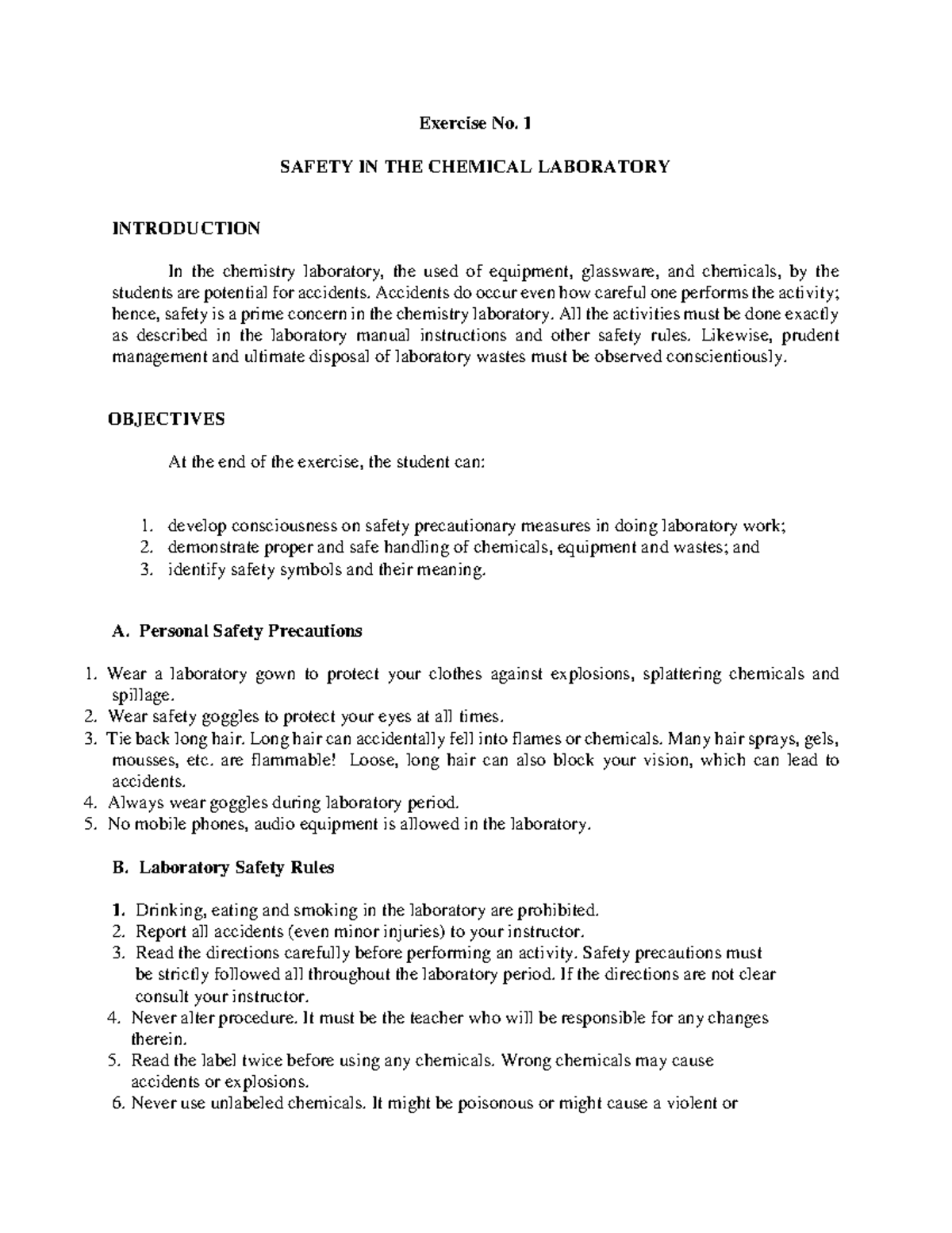 Activity 1 BES 111 manual - Exercise No. 1 SAFETY IN THE CHEMICAL ...